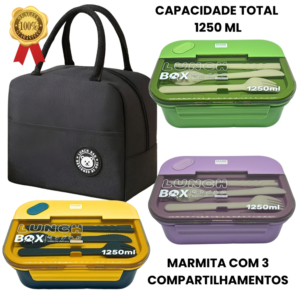 Kit Marmita 1250ml com Bolsa Térmica + Talheres – 3 Divisórias, Vedação ...