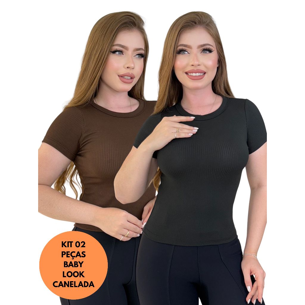 Kit 2 Baby Look Feminina Canelada Preto Marrom Off e Verde Conforto e ...