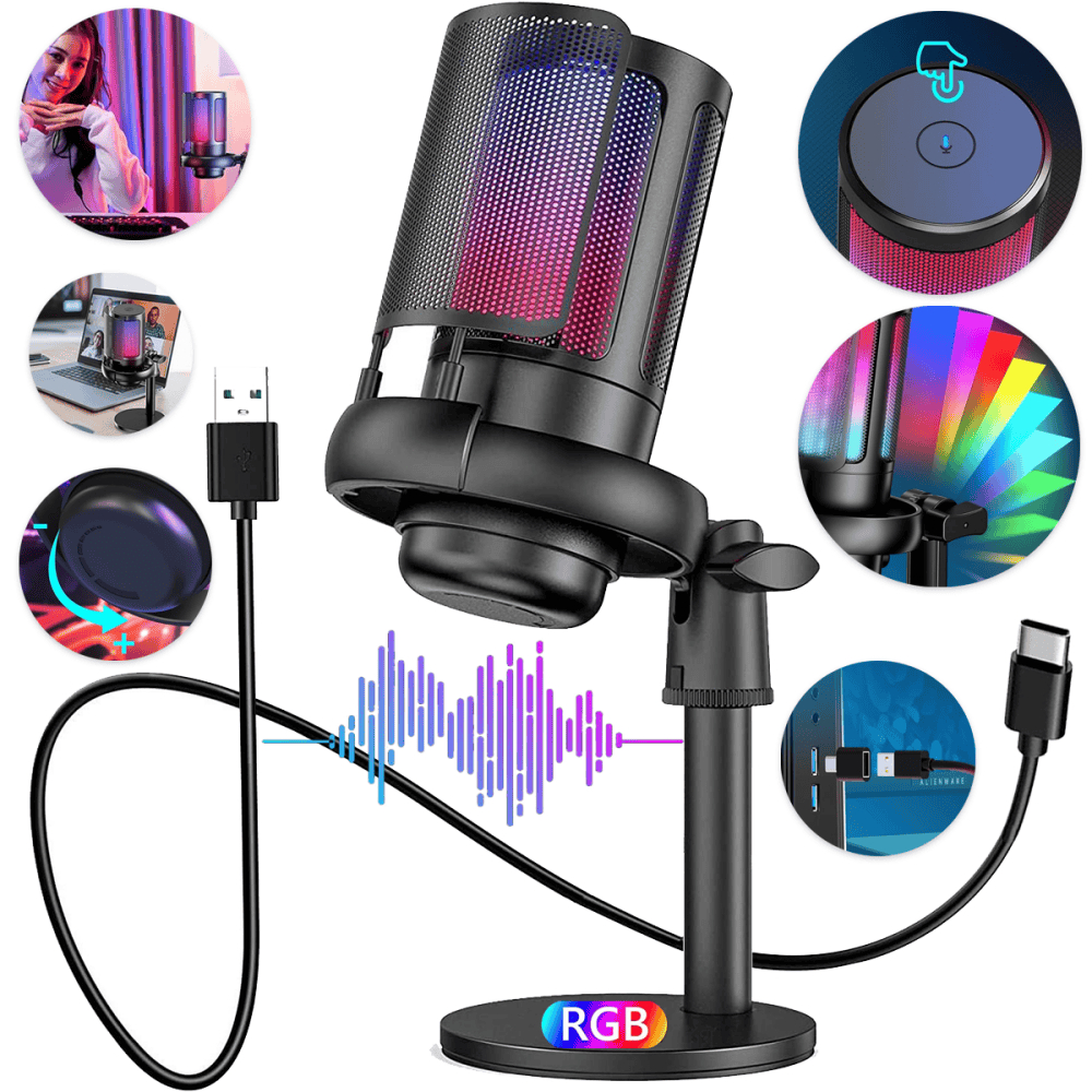 Microfone Gamer Rgb Condensador Profissional Alta Sensibilidade Plug ...