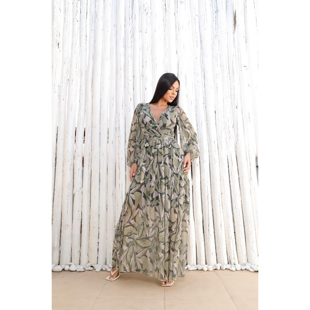 Vestido Tule Gola V Profunda Floral Longo | Shopee Brasil