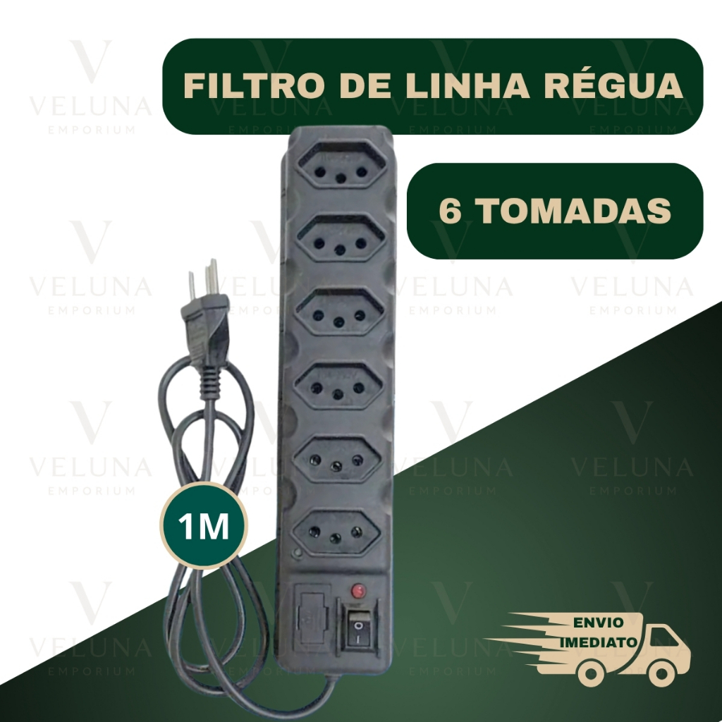 Filtro de Linha Régua Extensão de 6, 5 e 3 Tomadas Elétrica Bivolt Tripolar 10 Amperes 110V e ...