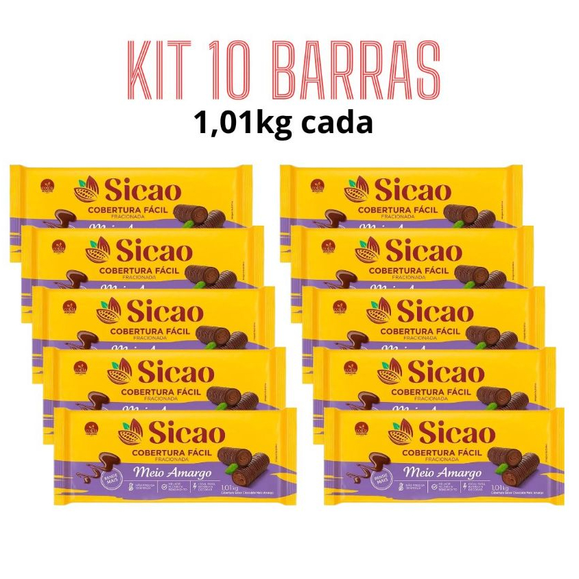 Kit 10 Barras Cobertura Meio Amargo Fácil Fracionada Chocolate 1,01kg Sicao | Shopee Brasil