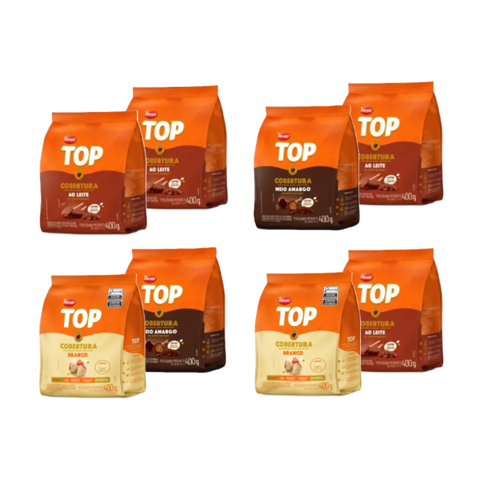 Kit C/2 Cobertura Fracionada Top Sabor Chocolate Ao Leite/Meio Amargo/Branco Gotas 400g Harald ...