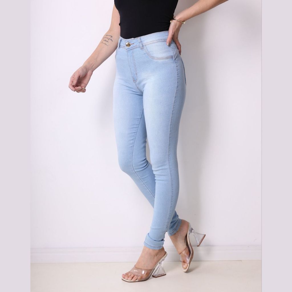Calças Jean Feminina Azul Clara Elastano e lecra Umbigo Skinny Veste ...