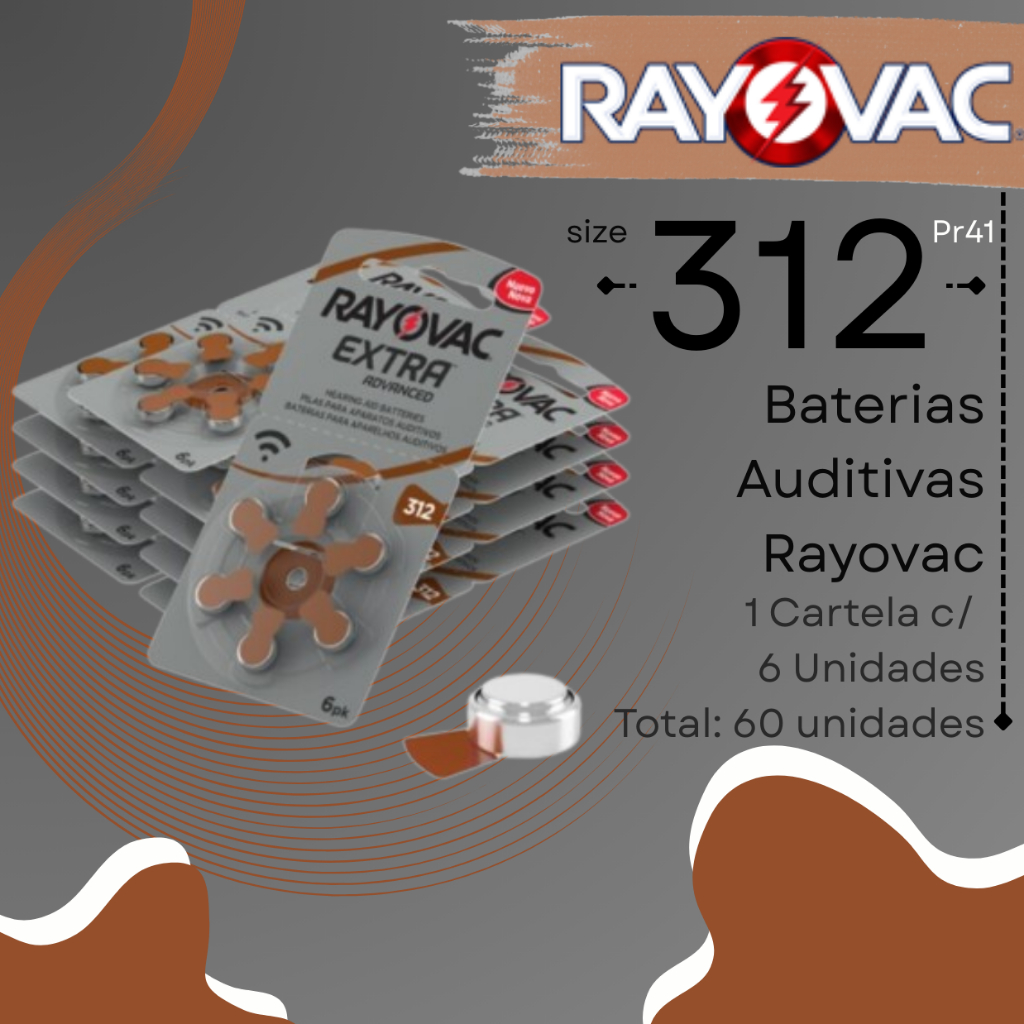 Rayovac Pilhas Auditivas Baterias 312 PR41 60 Unidades (10 Cartelas ...