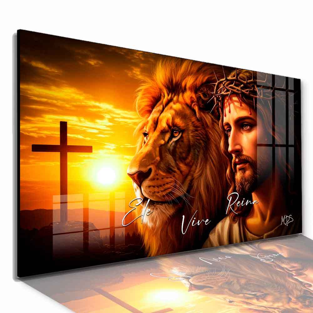 Quadro Decorativo Ele Vive Reina Cruz Pôr Do Sol Jesus Cristo Leão ...