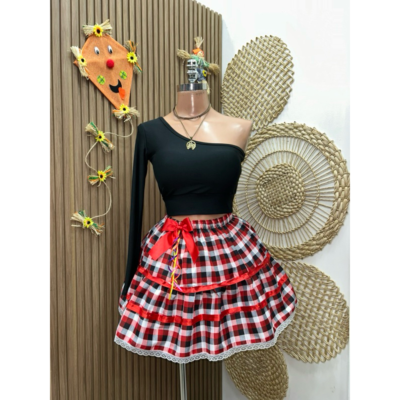 Saia Caipira Adulta – Xadrez Vermelho, preto e Branco renda branca com ...
