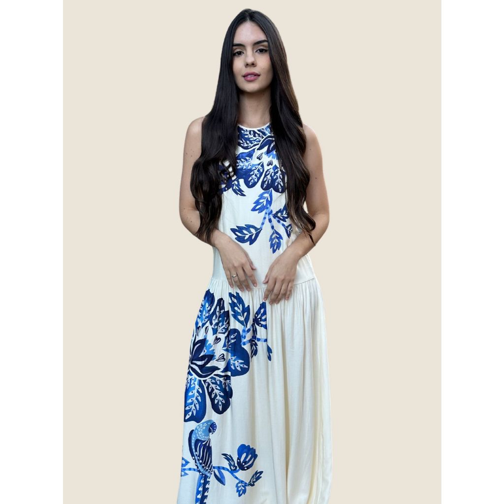 Vestido Longo Branco e Azul Floral Estampado Paraíso Tropical Vestido ...