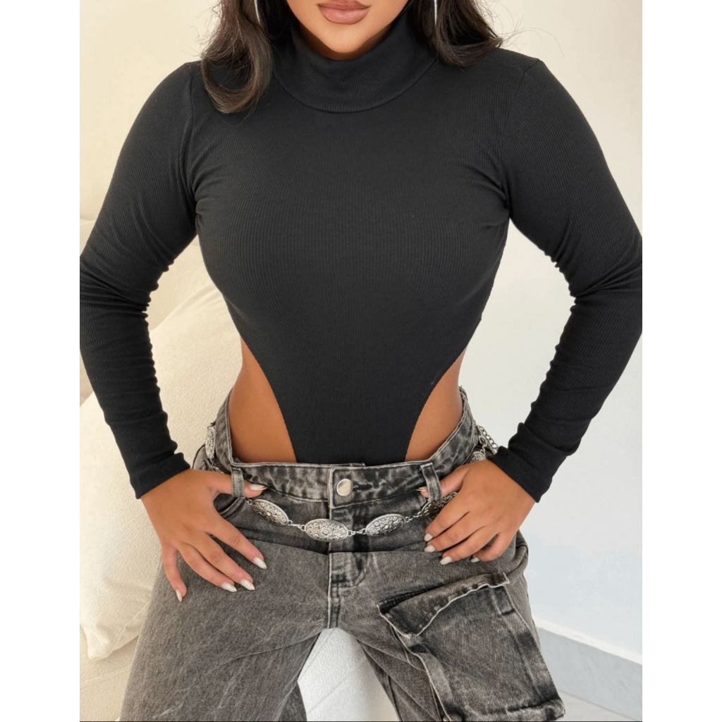 Body Cavado Feminino Manga Longa Gola Alta Ribanna Moda Blogueira 2025 ...