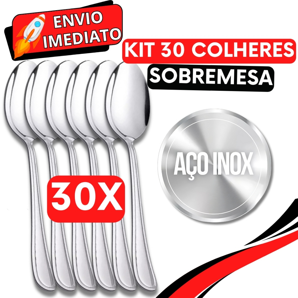 KIT Jogo 30 Colher Para Sobremesa Talher de Aço Inox Polido Luxo Bolo ...
