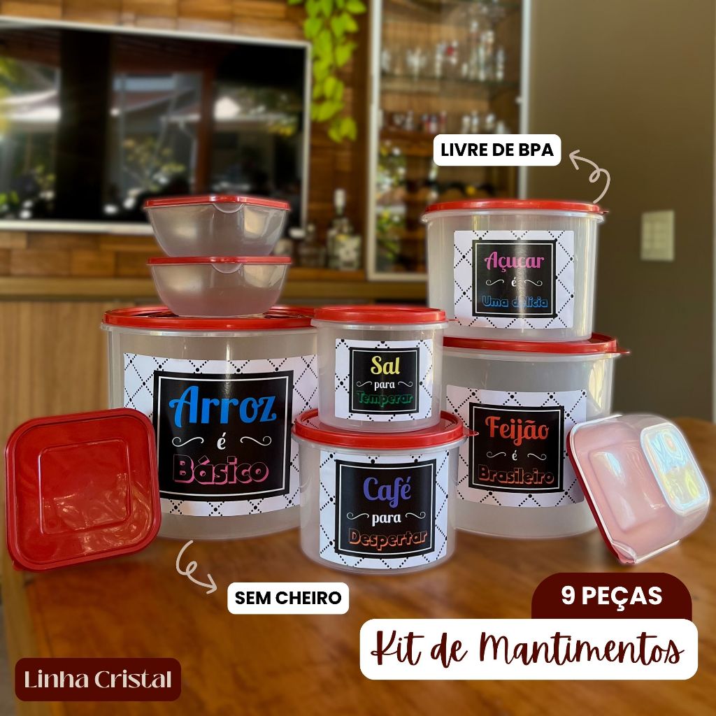 Potes p/ Despensa MANTIMENTOS LINHA CRISTAL 9 Peças – Sem BPA, 5 ...