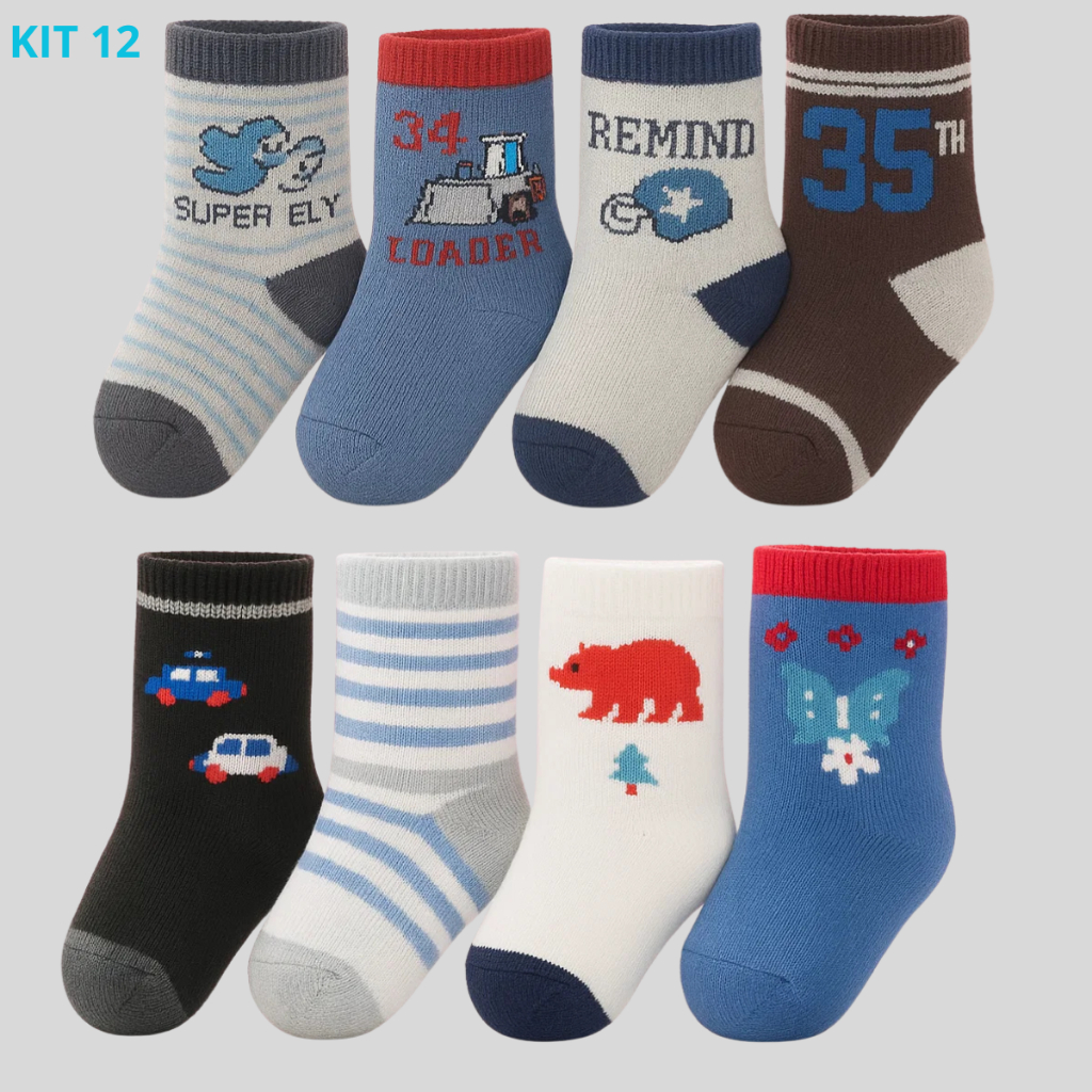 Kit 12 Pares de Meias Infantil 100% Algodão Estampadas Criança Menino e ...