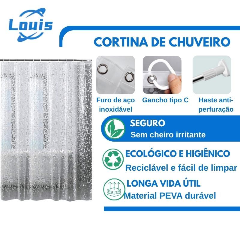 Louis Cortina Box Banheiro PEVA - Kit Completo c/ Ganchos, Com Varias ...