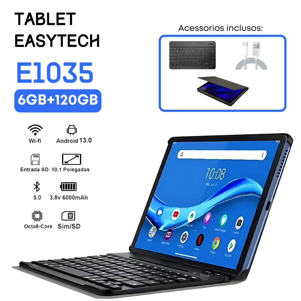 Tablet E1035 com Dual sim e 6gb Ram 128gb Teclado Capa 10,1 polegadas ...