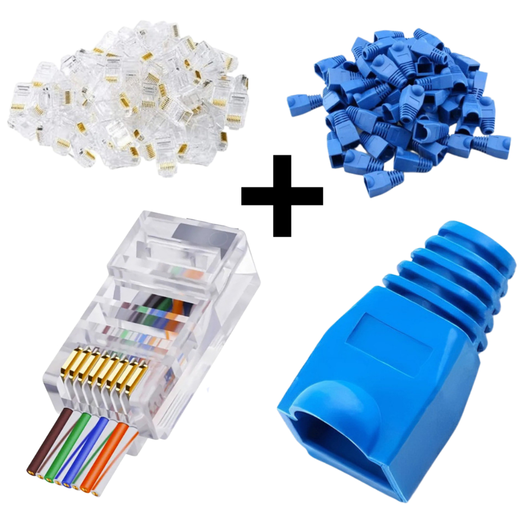 Kit 30 Conector Vazado Rj45 Cat6 + 30 Capas Azul P/ Cabo Rede Giga ...