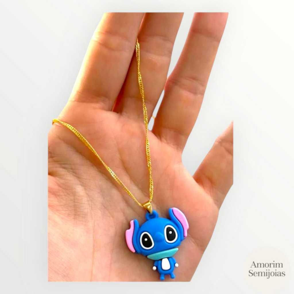 Colar Stitch Lilo Rosa e Azul Folheado a Ouro 18k kit 2 Colares ...