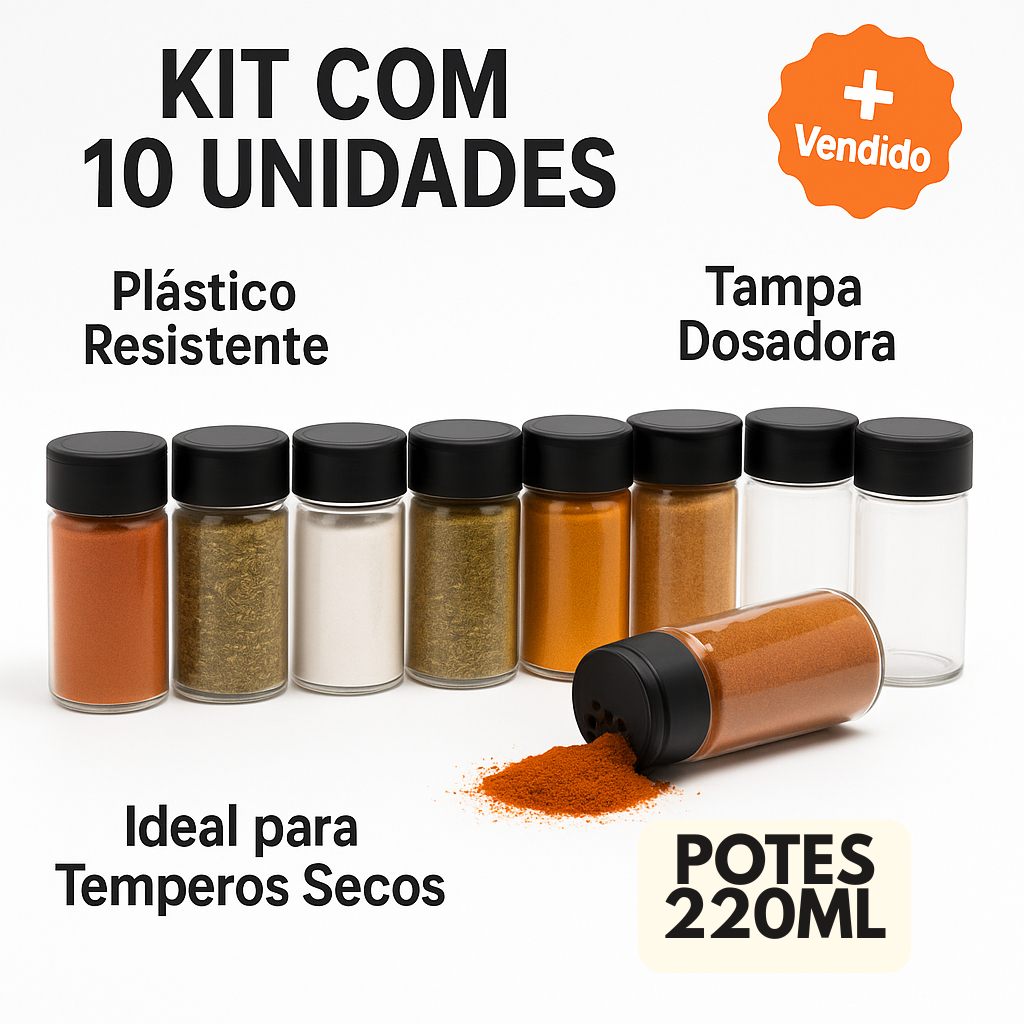 Kit 10 Potes Tempero Condimento 220ml de Plástico com Tampa Dosadora ...