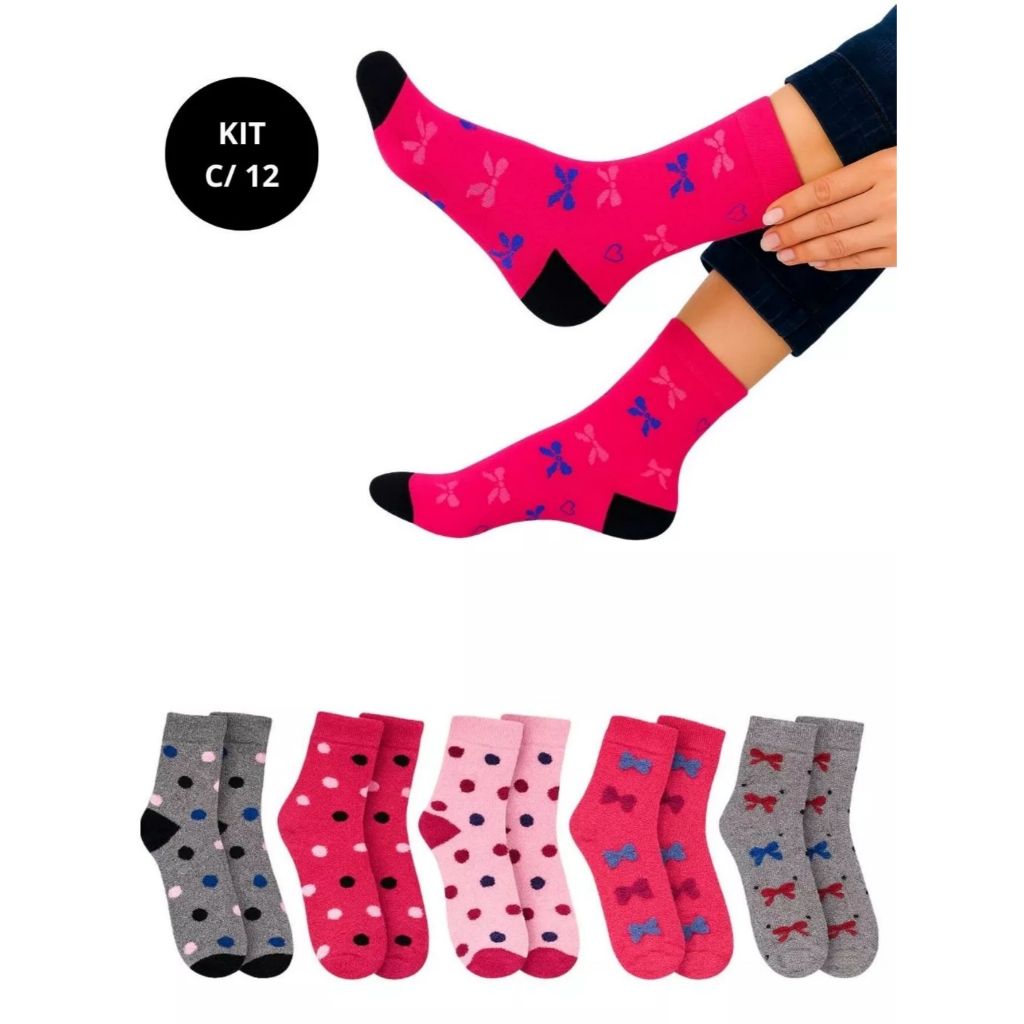 Kit 12 Pares de Meias Femininas Estampadas – Estampas Enviadas ...
