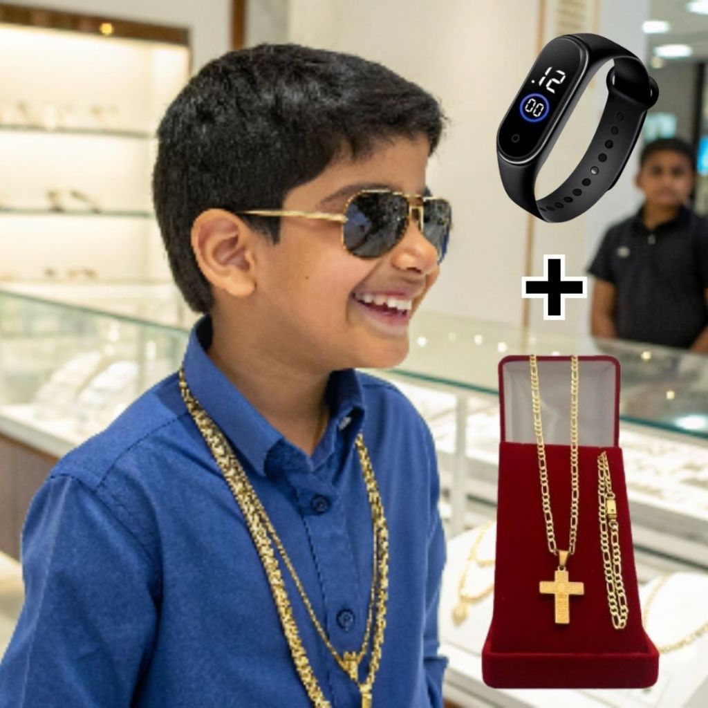 Colar Masculino Infantil 3x1 Cordão Infantil Menino 3mm + Pingente + Relógio Digital Prova LED D ...