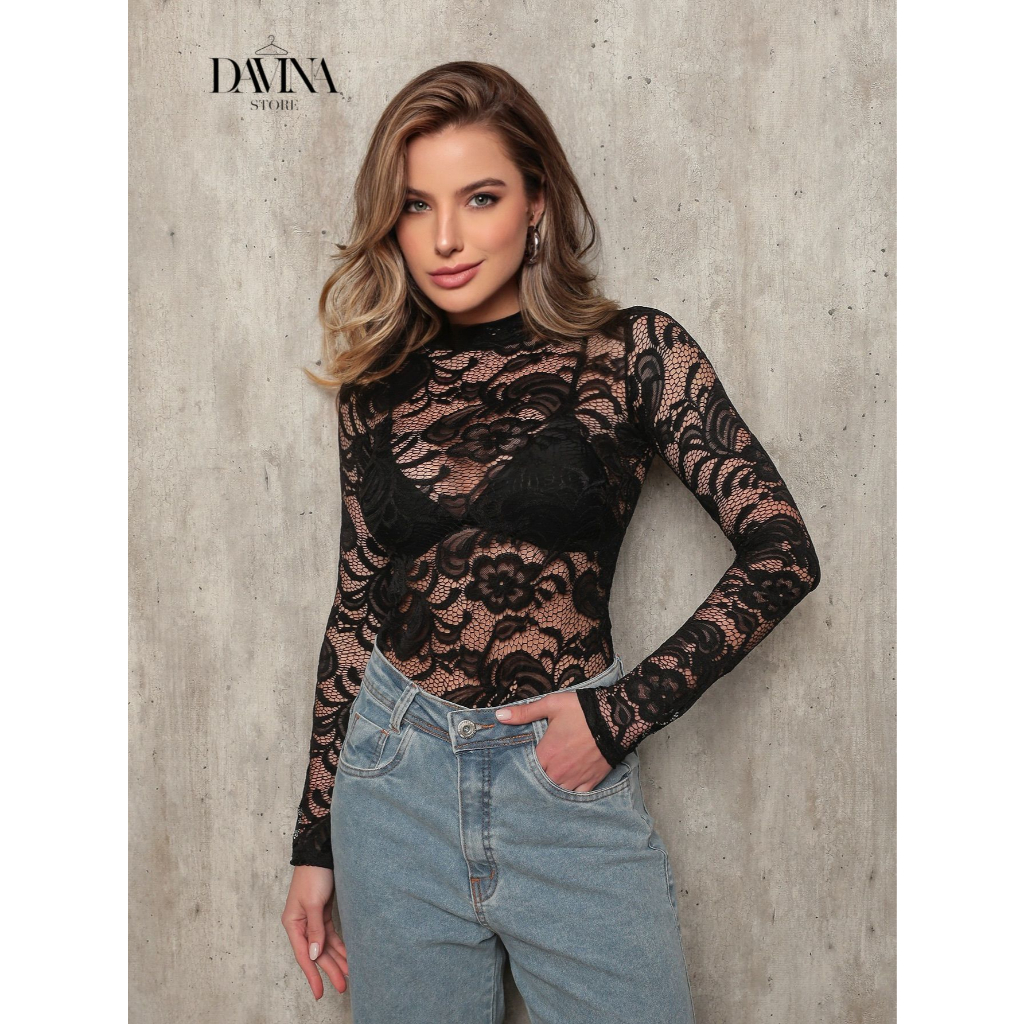 Body Feminino Manga Longa Renda Transparente Sexy Inverno Festa Look ...