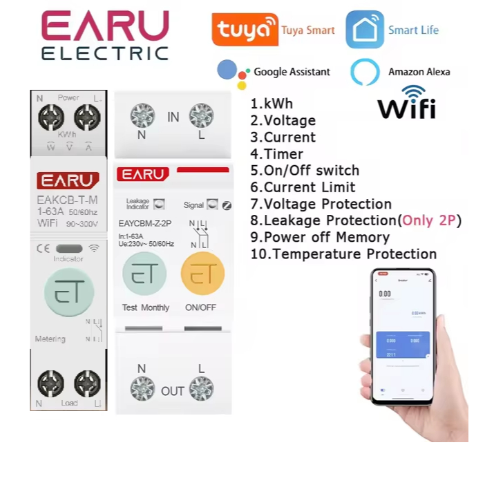 EARU Disjuntor smart, kwh, tuya, smartlife, inteligente, mono-bi polar ...
