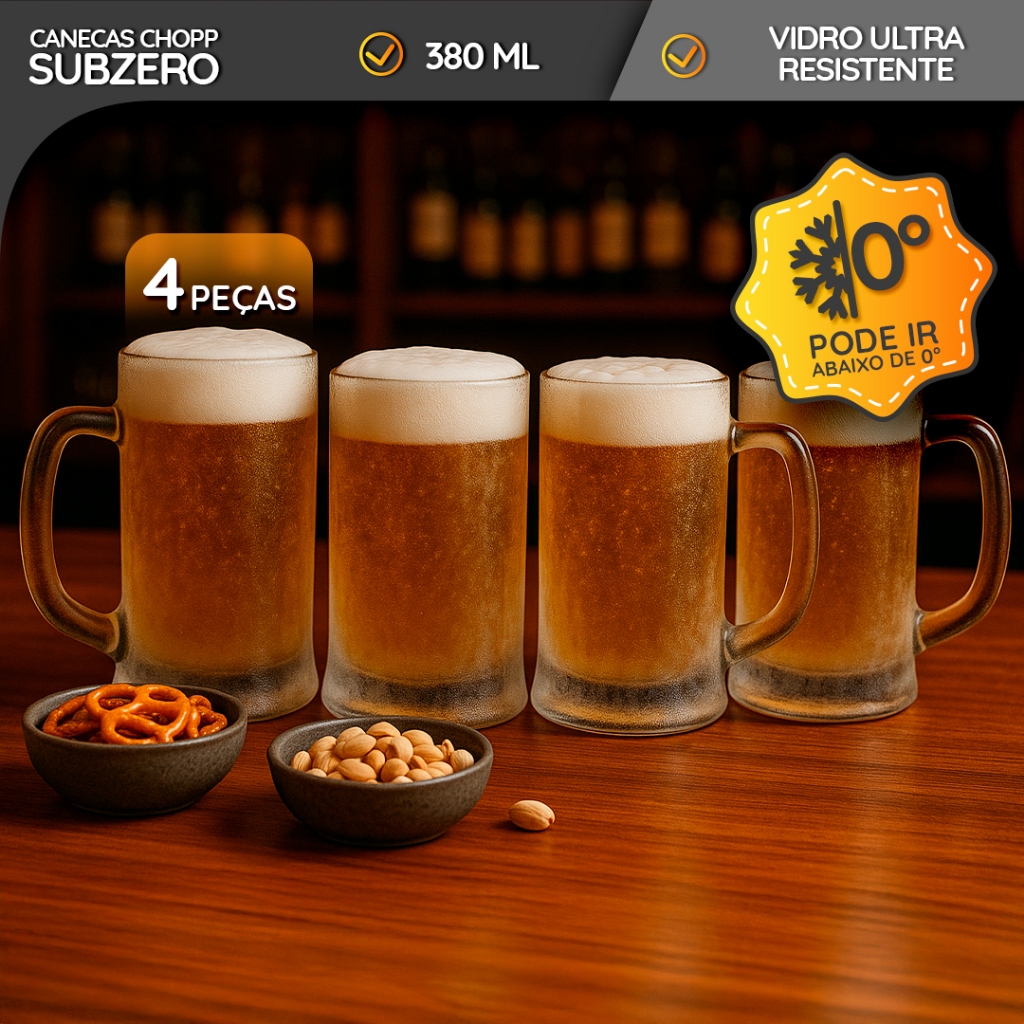 Kit 4 Canecas Chopp Subzero de Vidro 380ml – Alça, Vidro Reforçado e ...