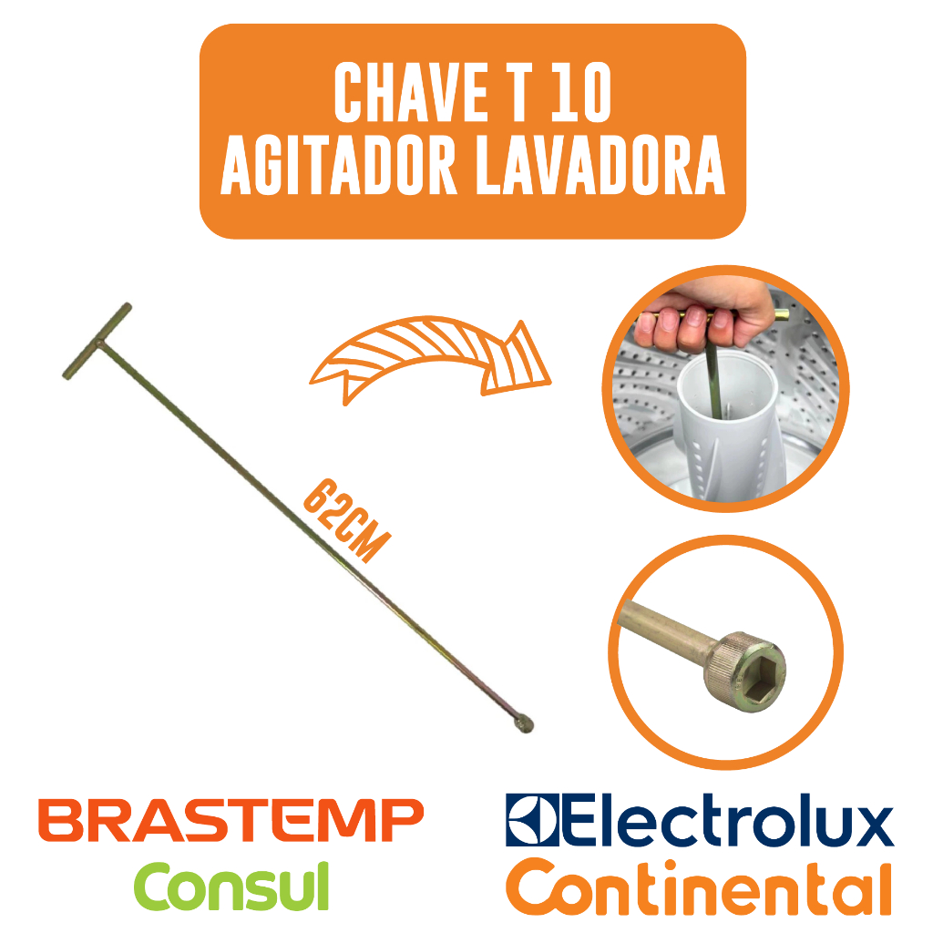 Chave T 10mm longa 62cm para máquina de lavar / lavadora agitador ...