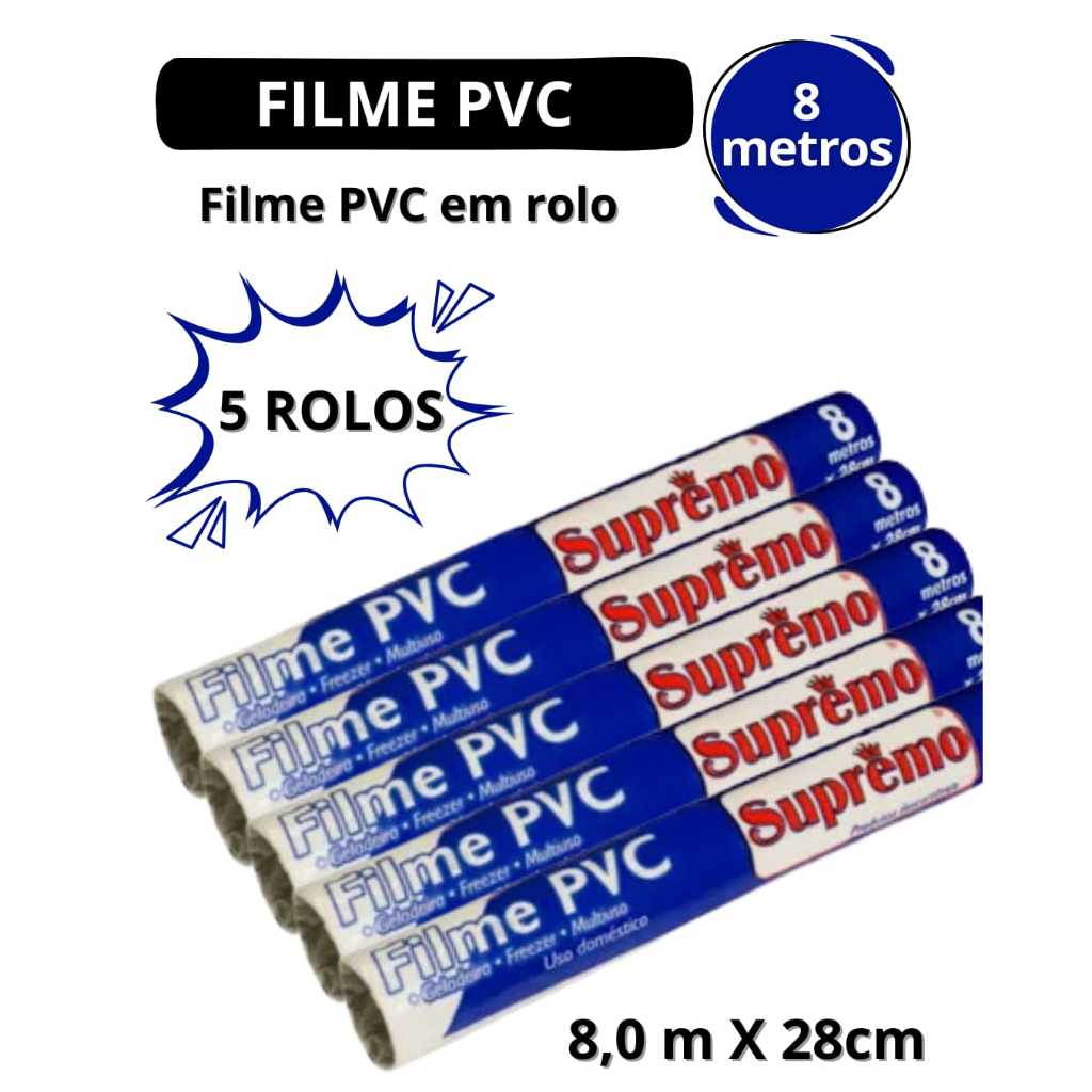 Kit 5 Rolos Plástico Filme PVC Transparente 8 Metros 28cm x 8metros ...