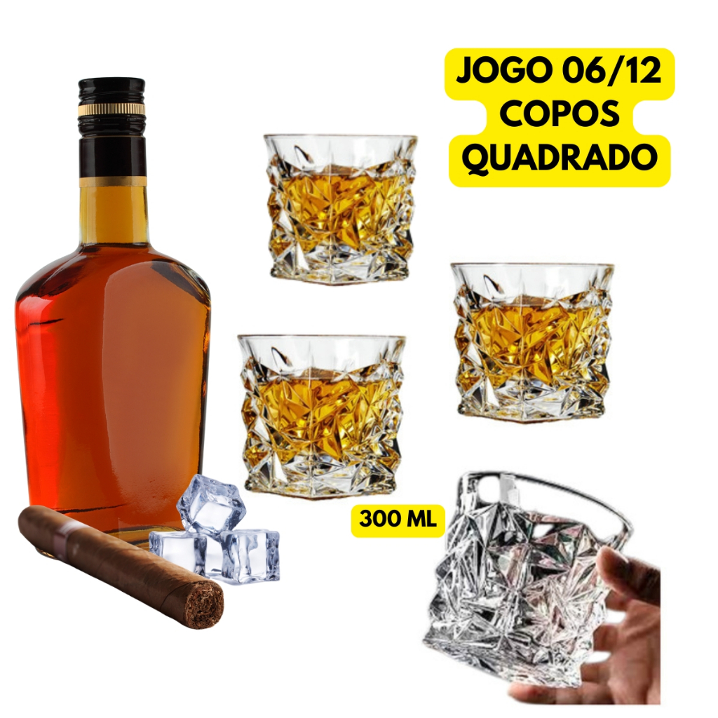 Jogo Kit 06/12 Copos Vidro Quadrado 300ML Whisky Uisque Coquetel Drink ...