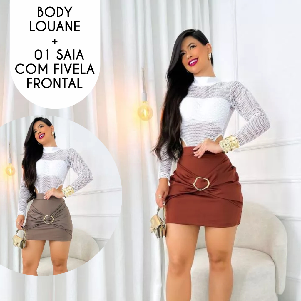 Conjunto Body Louane em Tela com Saia Detalhe de Aviamento Dourado ...