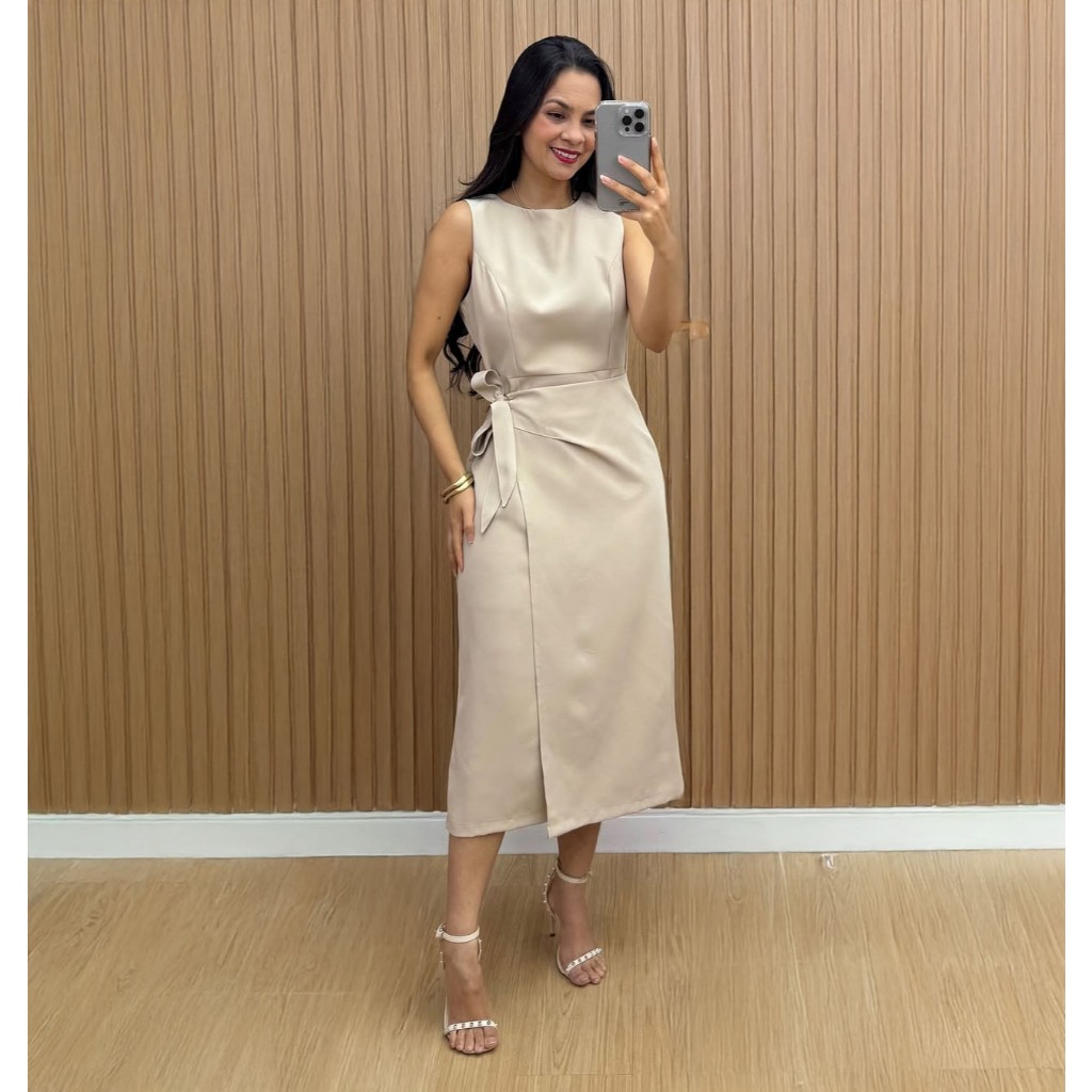 Vestido Feminino Alfaiataria Midi com Amarração Lateral Elegante | PMG ...