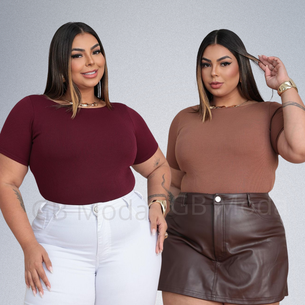 Kit 2 Body Manga Curta Moda Gringa Plus Size Feminino Gola Canoa Alta ...