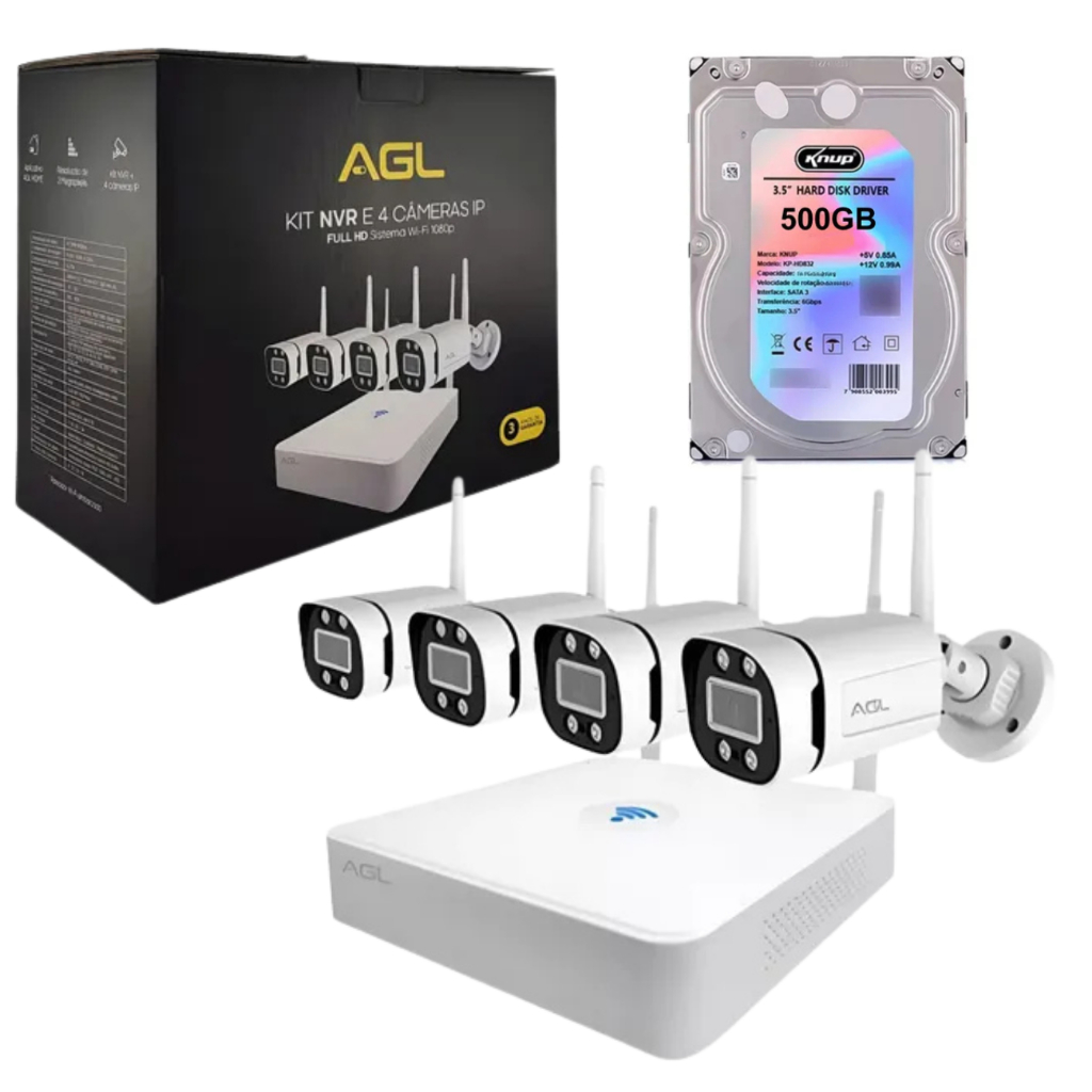 Kit CFTV Completo Wi-Fi Nvr + 4 Cameras IP 1080P AGL 1204 + Hd 500GB ...