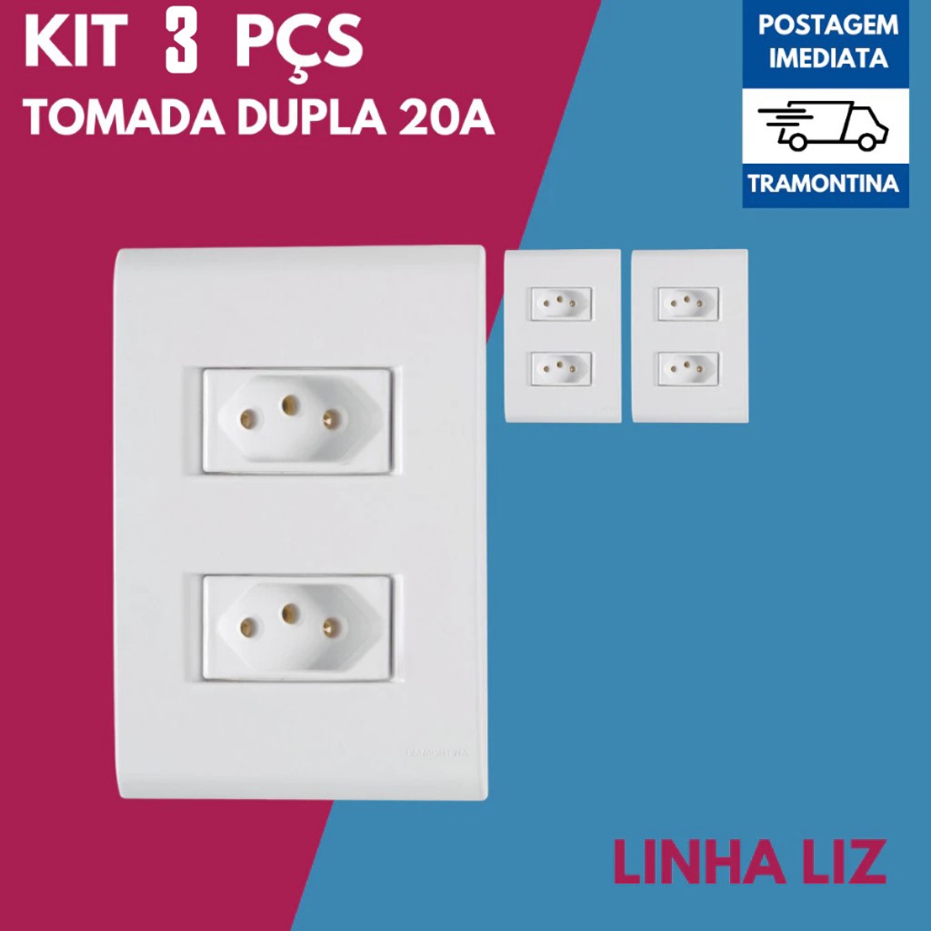 Kit 3 Tomada Dupla 20A 2P+T LIZ Branca - Tramontina 4X2 Modular | Shopee Brasil