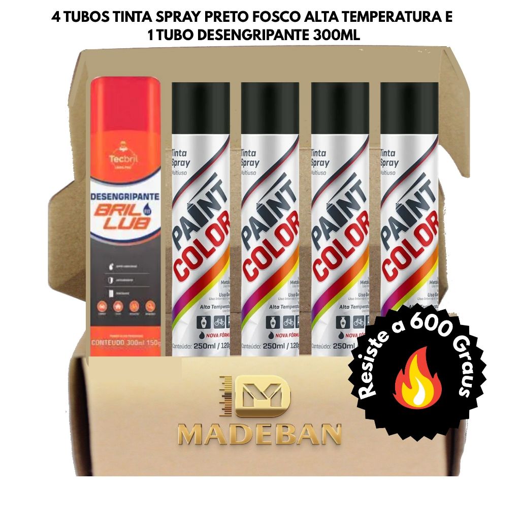 Tinta Spray Paint Color Alta Temperatura Preto fosco 250ml e ...