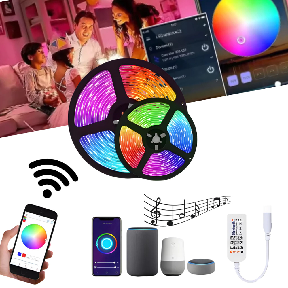 Fita LED Adesiva RGB Inteligente com Sensor de Som USB Bluetooth 5M ...