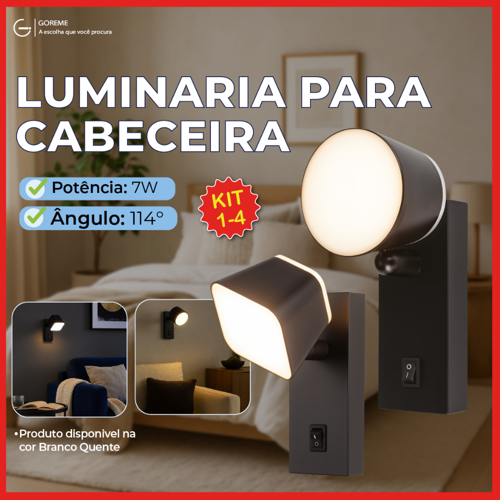 Kit 4 Luminária Arandela Spot para Cabeceira Led 7W Quadrada ou Redonda ...