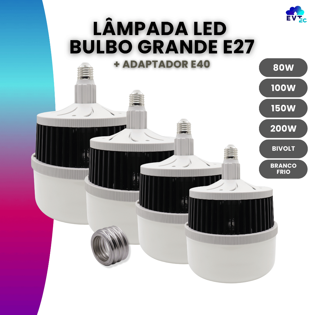 Lâmpada Led Bulbo 80w, 100w,150w e 200w Alta Potência Soquete E27 E40 Luz Branco Frio Bivolt ...