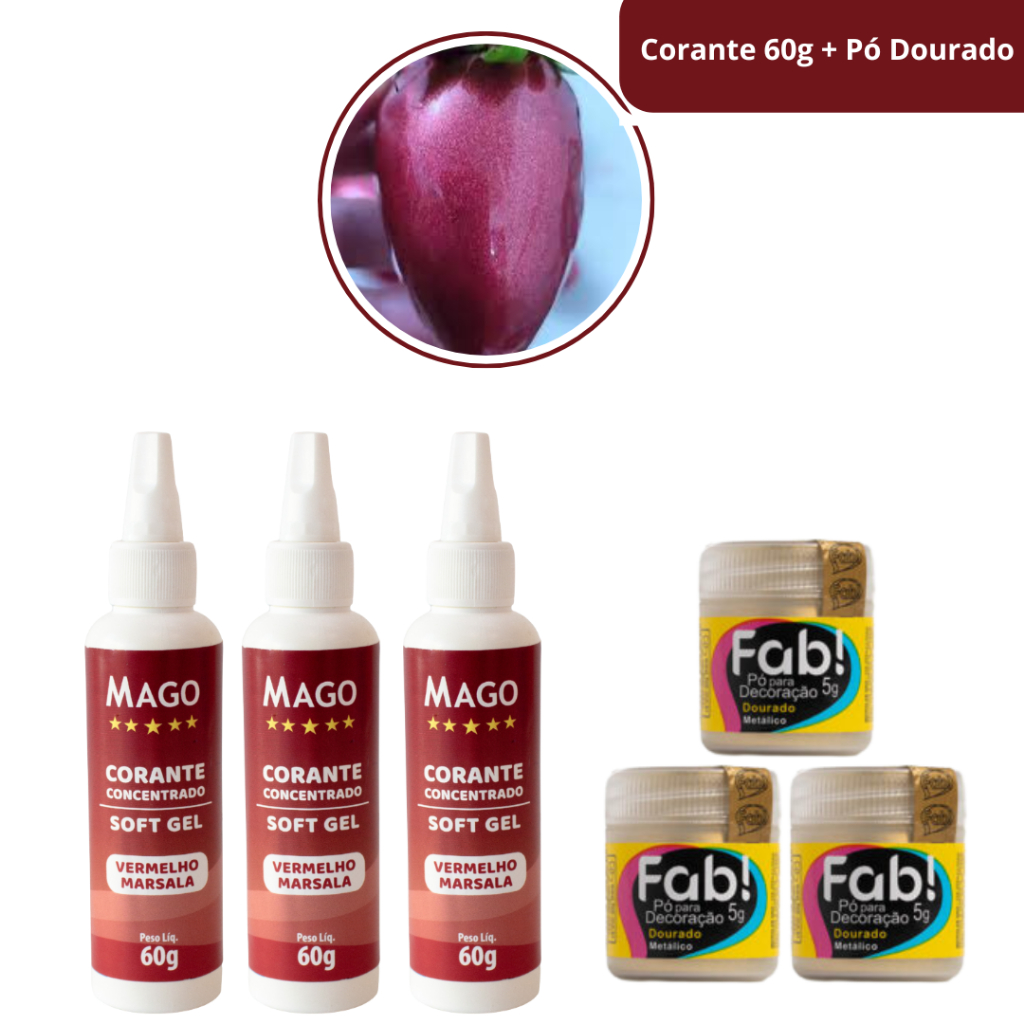 Kit 3 Corante Alimentício Mago Soft Gel Vermelho Marsala 60g Morango do ...