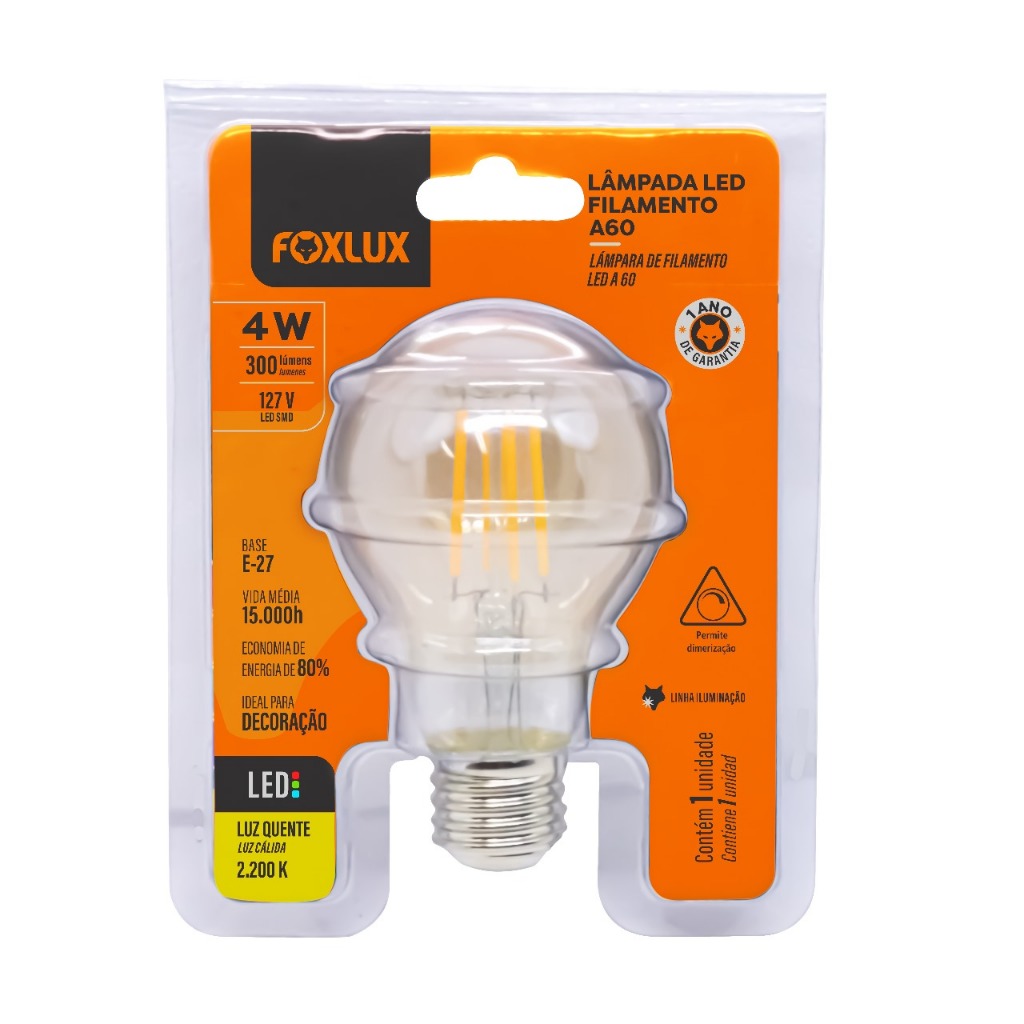 Kit 5 Lâmpada Led Filamento A60 Foxlux 4w 127v Amarela | Shopee Brasil