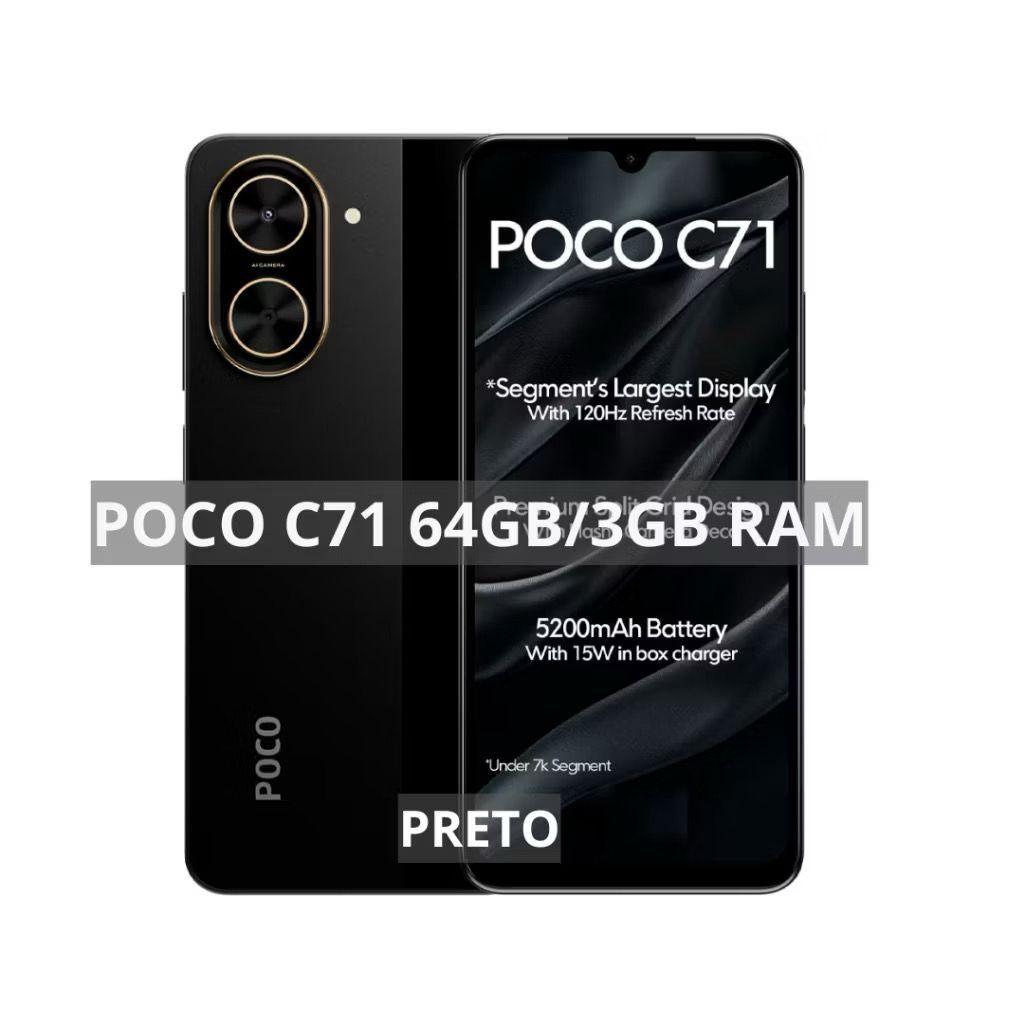 Celular Xiaomi Poco C71 64GB Black Dual Sim Tela 6,88, 120HZ Camera Dupla 32MP + Frontal 9MP ...