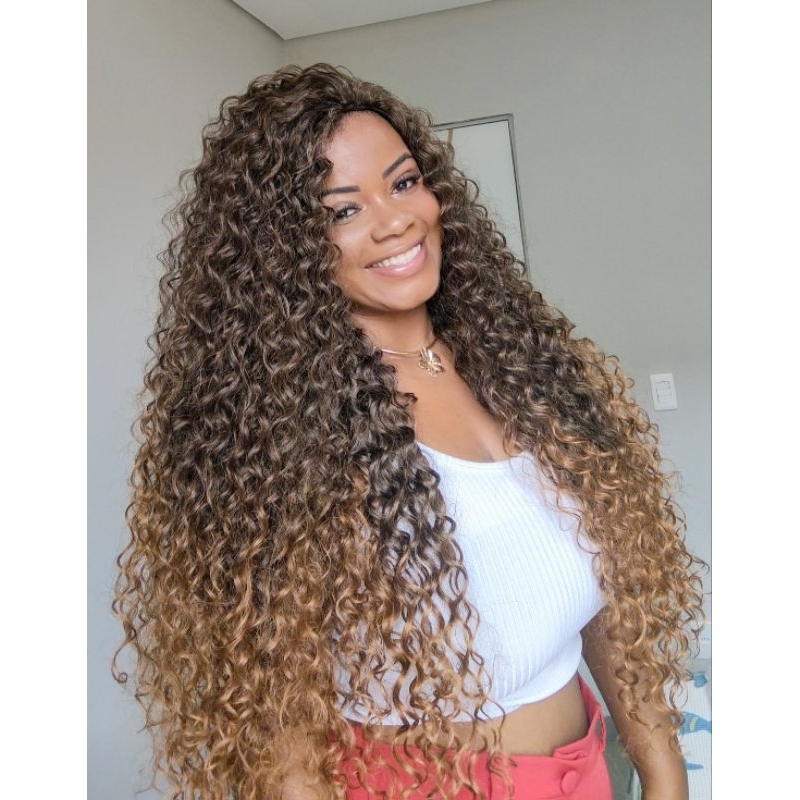Peruca lace wig cacheada longa bio fibra adere creme semelhante ao ...