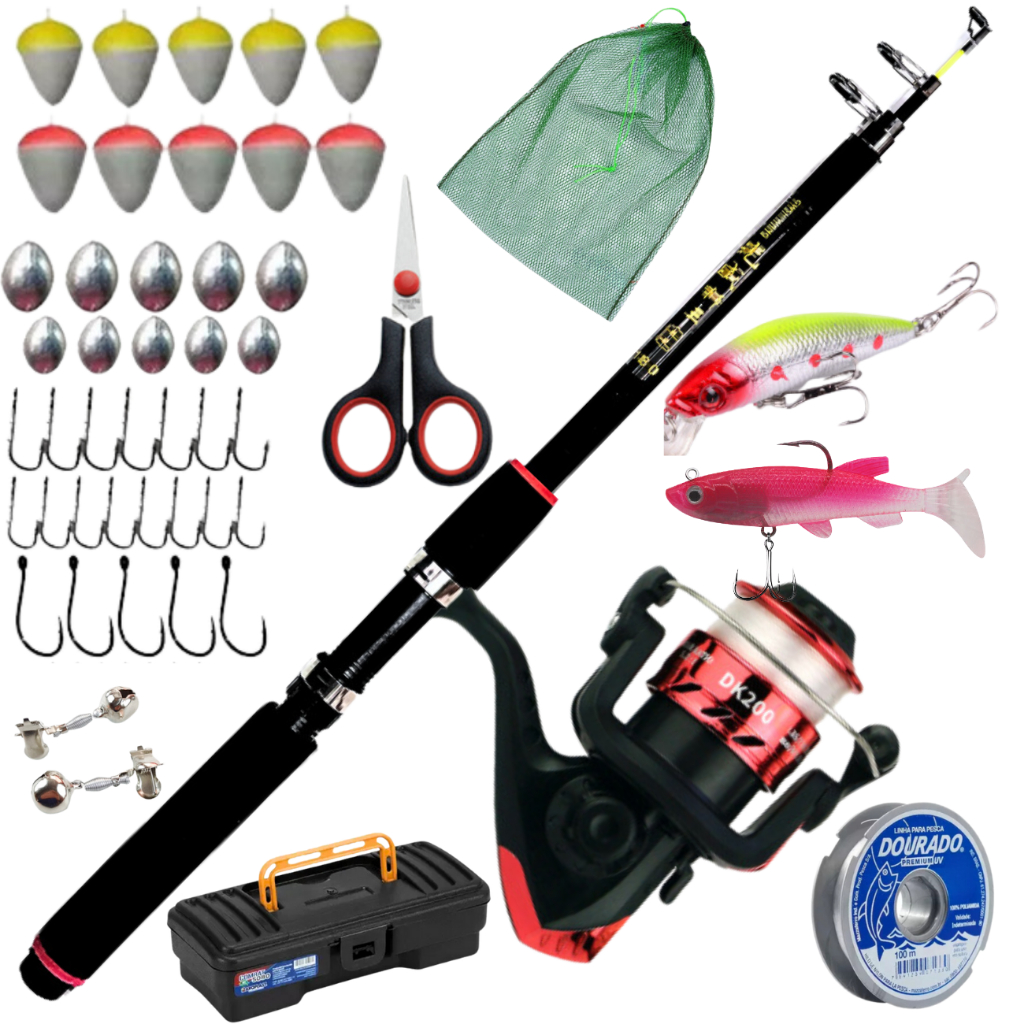 KIT COMPLETO VARA PESCA TELESCOPICA MOLINETE ISCA SAMBURA ISCA ...