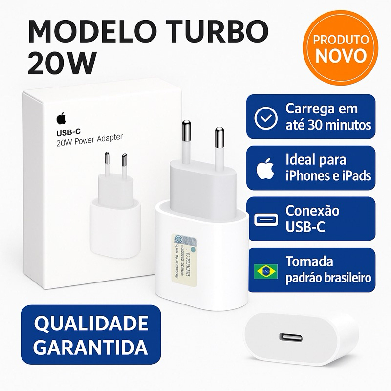 Fonte Apple Original 20W USB-C Carregador Turbo iPhone 15 14 13 12 ...