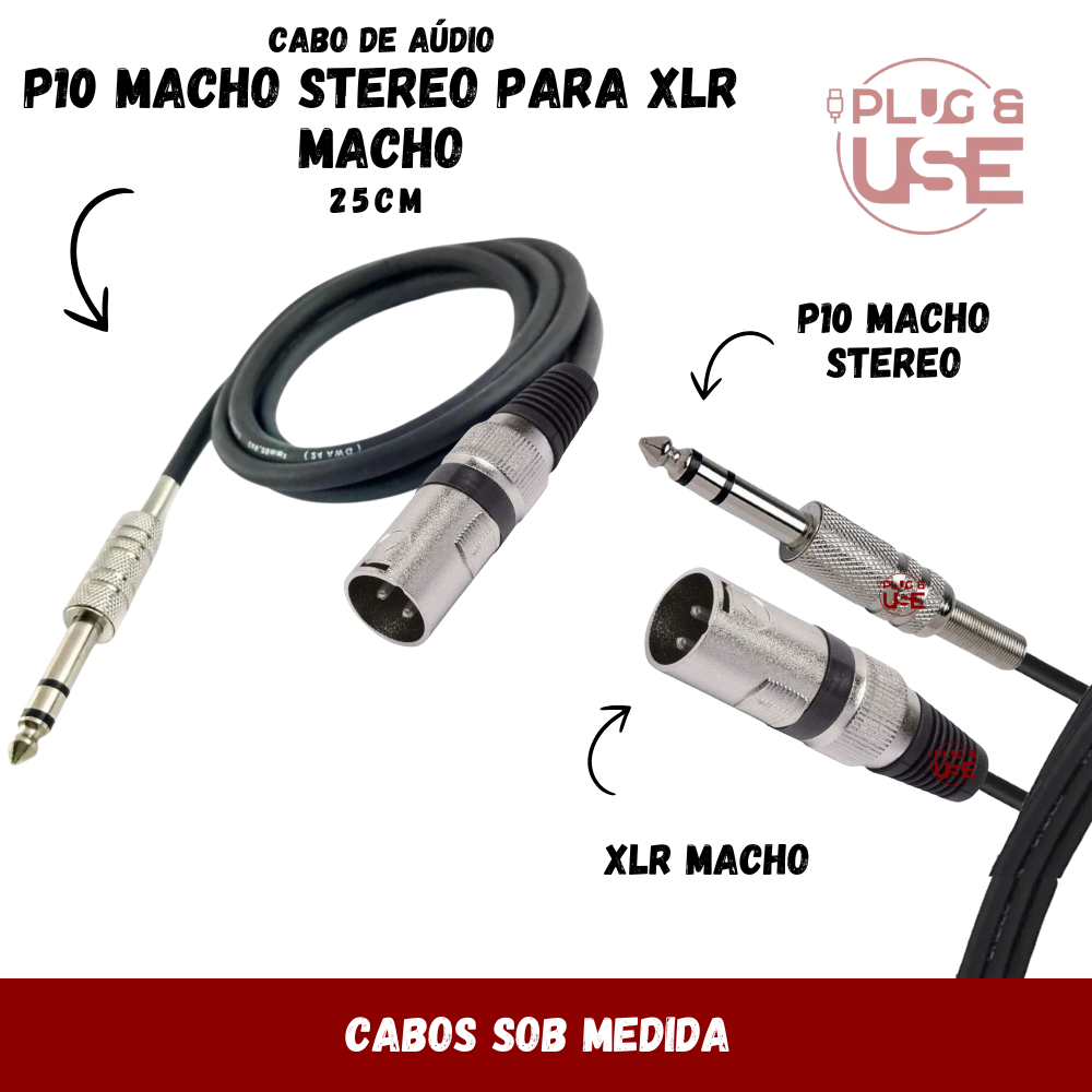 Cabo de Áudio Profissional P10 Estéreo para XLR macho 25cm – Alta Qualidade Áudio Balanceado Sem ...