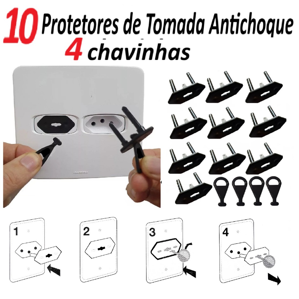 Kit 10 Protetores de Tomada Antichoque Preto com 4 Chaves Segurança ...