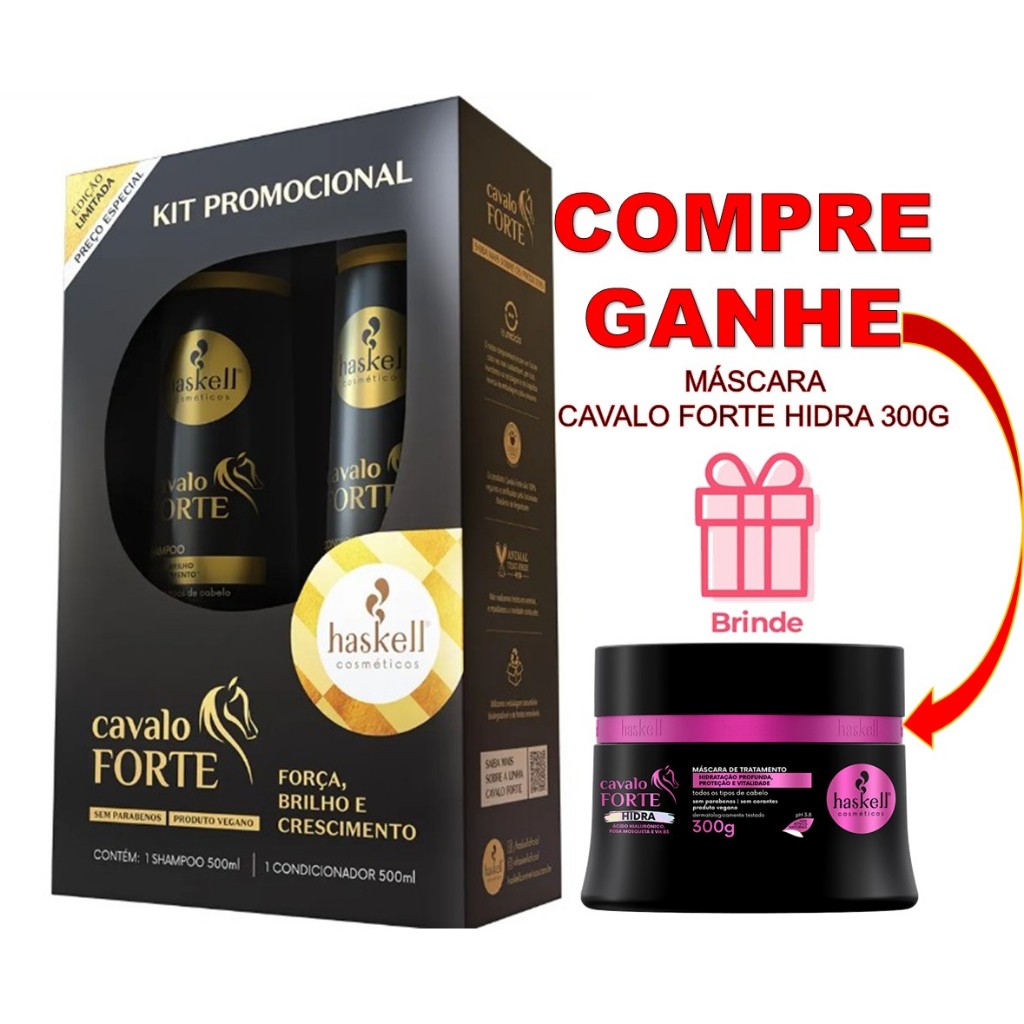 KIT PROMOPACK CAVALO FORTE SH + CONDIC 500ML HASKELL + BRINDE MASC CAVALO HIDRA 300G | Shopee Brasil