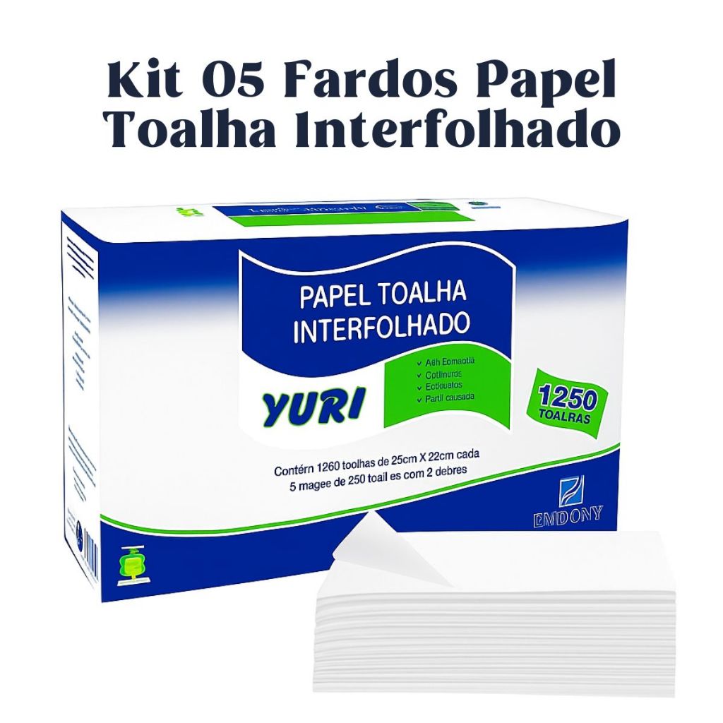 KIT 05 FARDO PAPEL TOALHA 2 DOBRAS BRANCO INTERFOLHA YURI BRANCO C/1250 ...