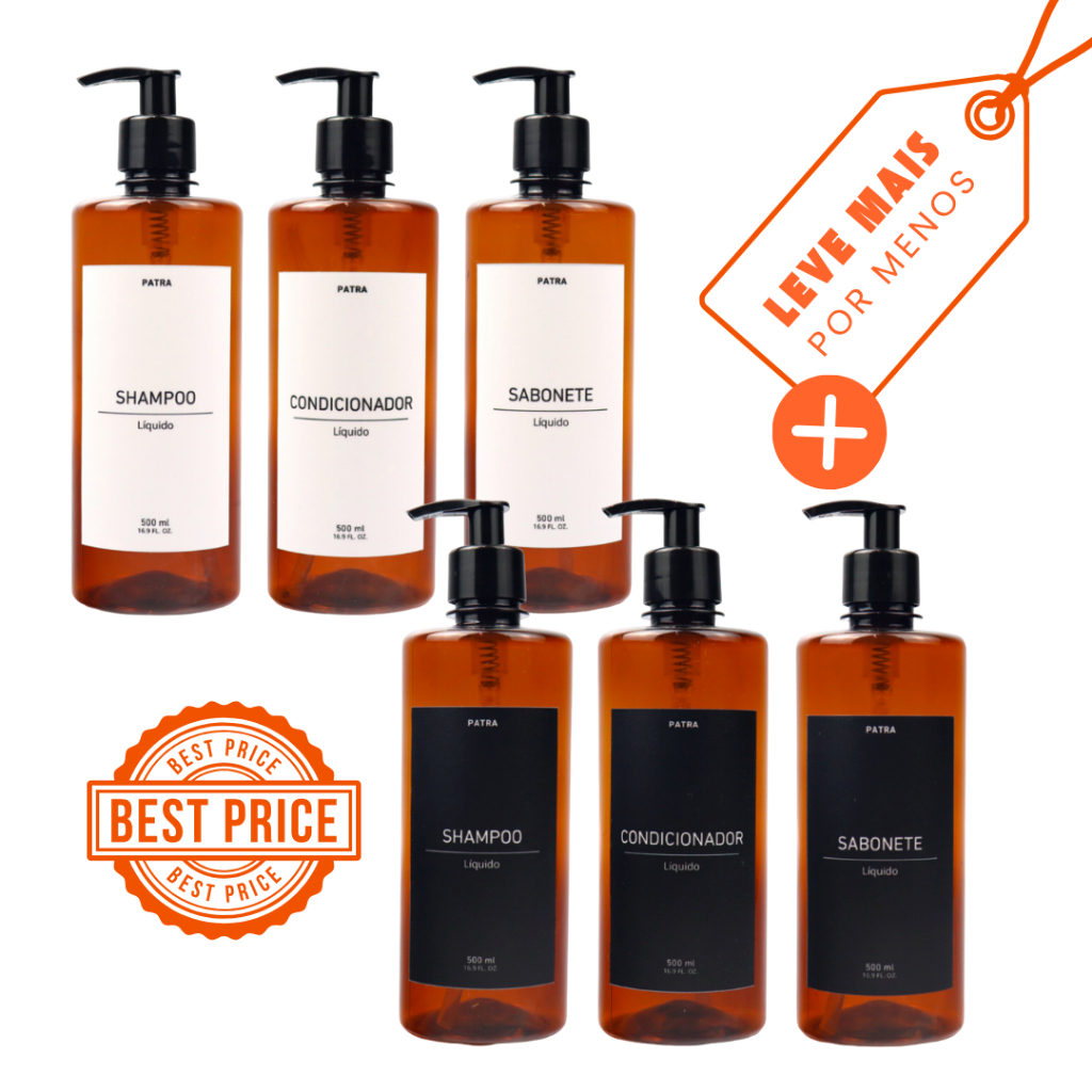 2 Kit Banho Frasco Âmbar 3pçs Shampoo Condicionador e Sabonete líquido ...