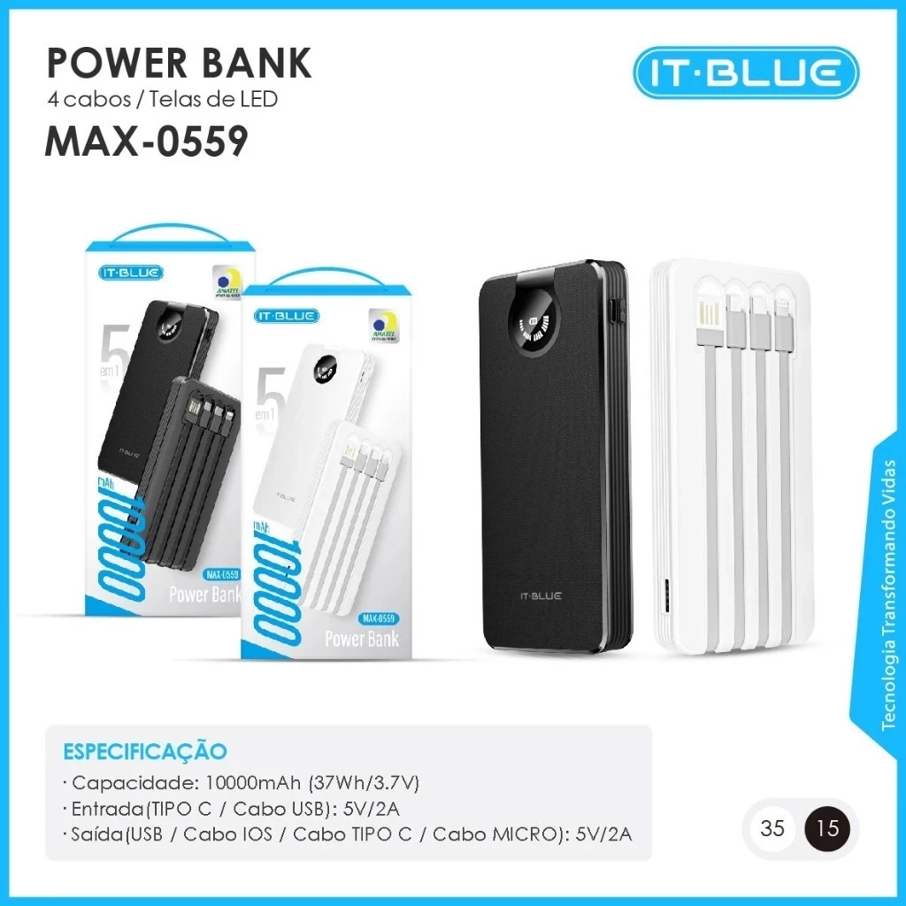 Power Bank ITBLUE MAX-0559 10000mAh | 5 em1 com 4 Cabos | Carga Rápida | Preto/Branco | Shopee ...